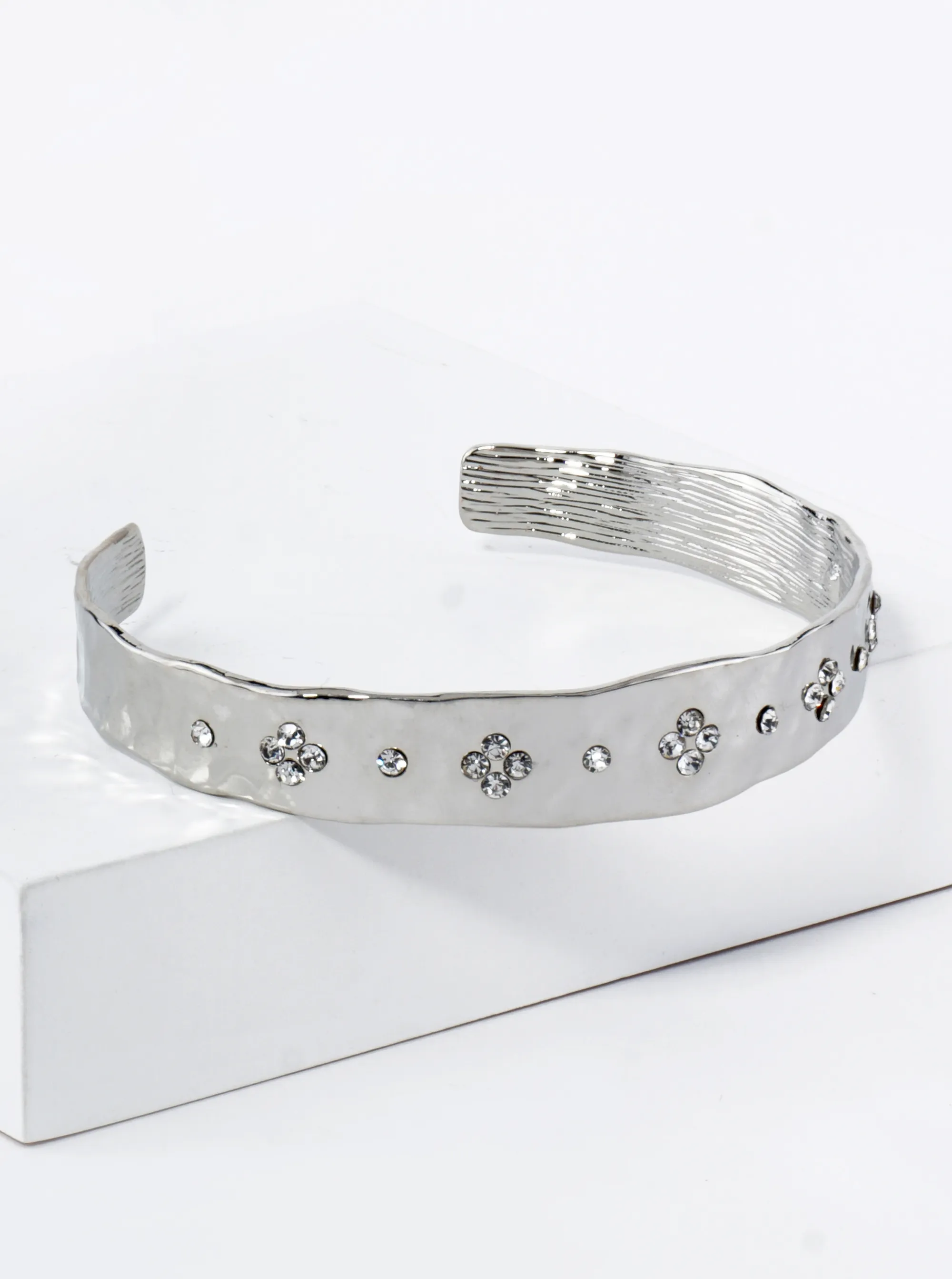 Quatrefoil Crystal Pave Hammered Metal Cuff Bracelet
